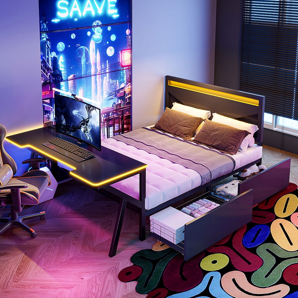 MIDOQIN Full Size Gaming Bed with LED Lights & Desk, Metal Platform Bed ...