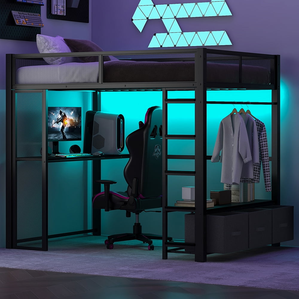 MIDOQIN Full Size Gaming Loft Bed with LED Desk, Metal Loft Bed Frame ...