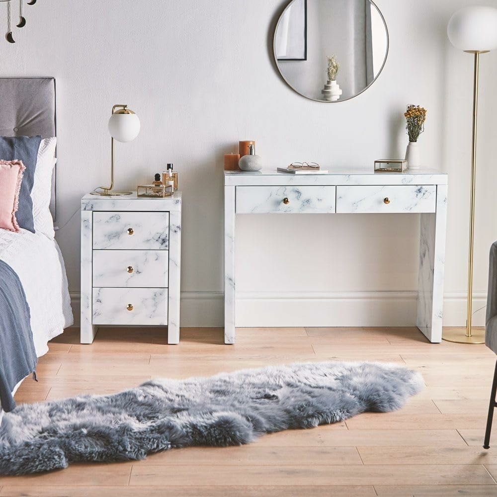 MIDOQIN Glass Nightstand with 3 Drawers, Marble Textured Tempered Glass ...