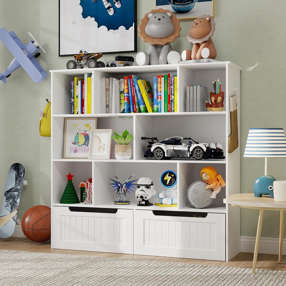 MIDOQIN Kids Bookshelf and Toy Organizer with 2 Movable Drawers, Multi ...