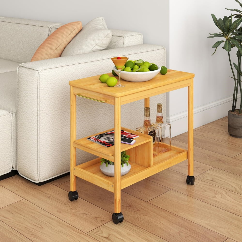 MIDOQIN Kitchen Island Cart, Small 3-Tier Bamboo Rolling Storage Rack ...