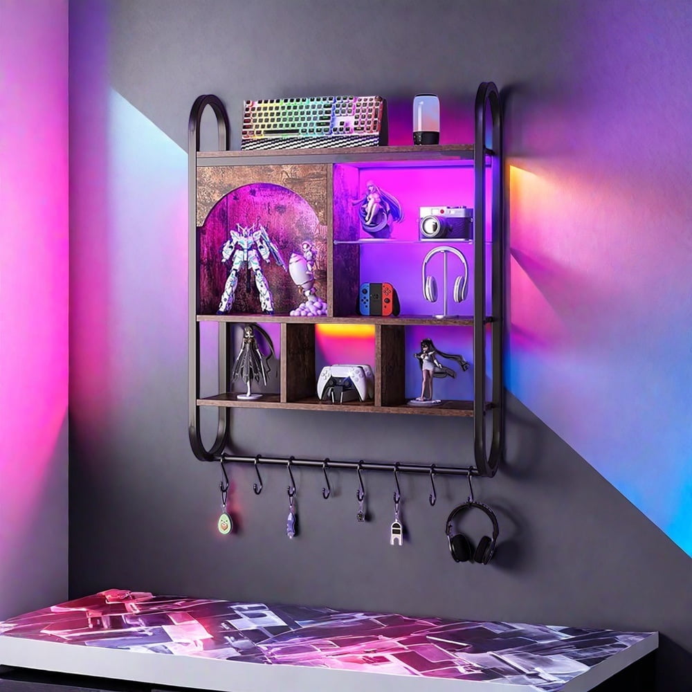 MIDOQIN LED Gaming Floating Shelves for Wall, Wood Hanging Display Rack ...
