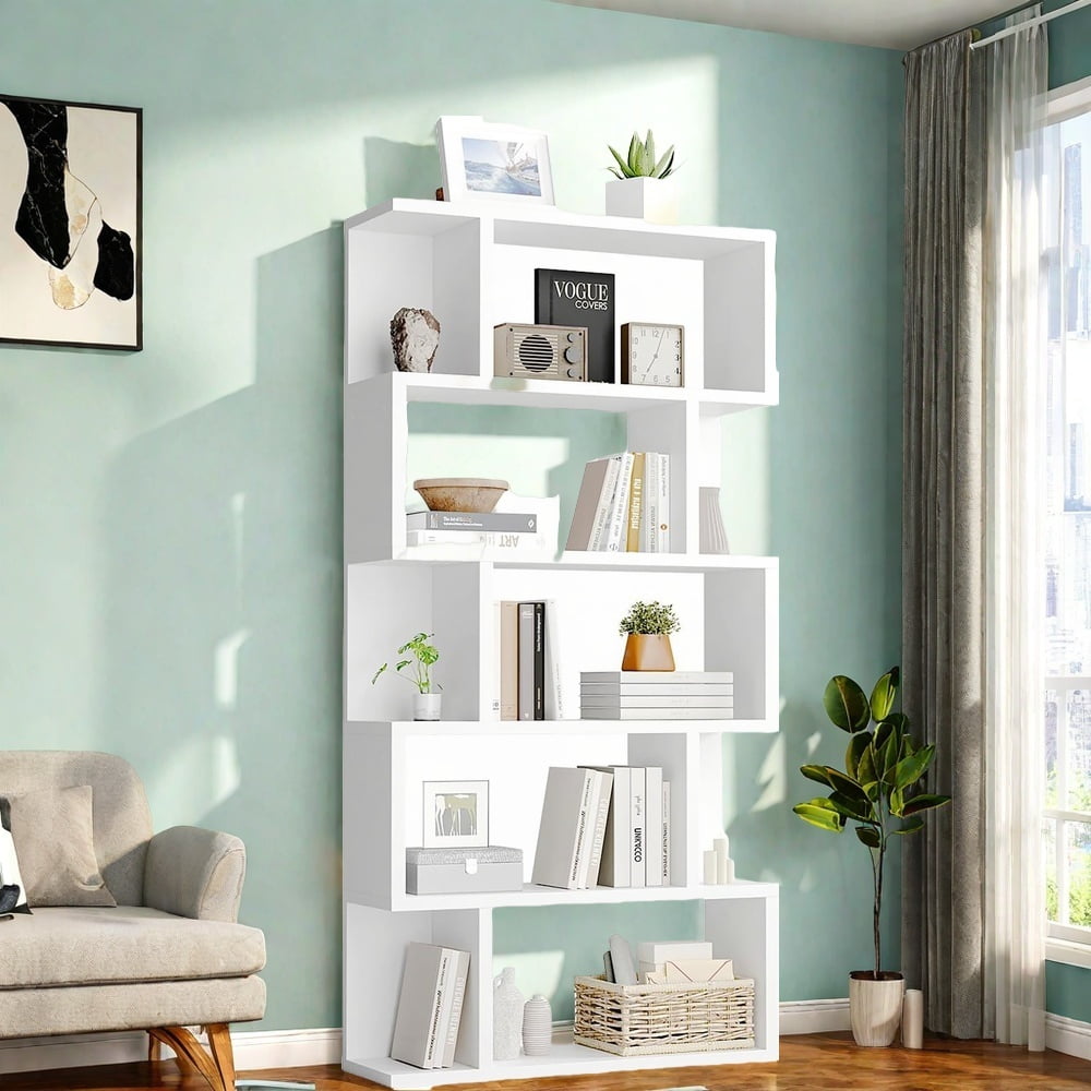 MIDOQIN Modern Geometric Bookcase, 5-Tier S shaped Bookshelf with ...