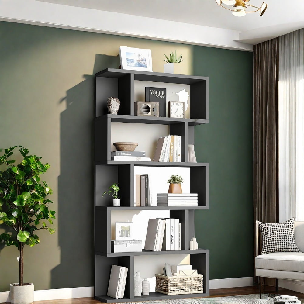 MIDOQIN Modern Geometric Bookcase, 5-Tier S shaped Bookshelf with ...