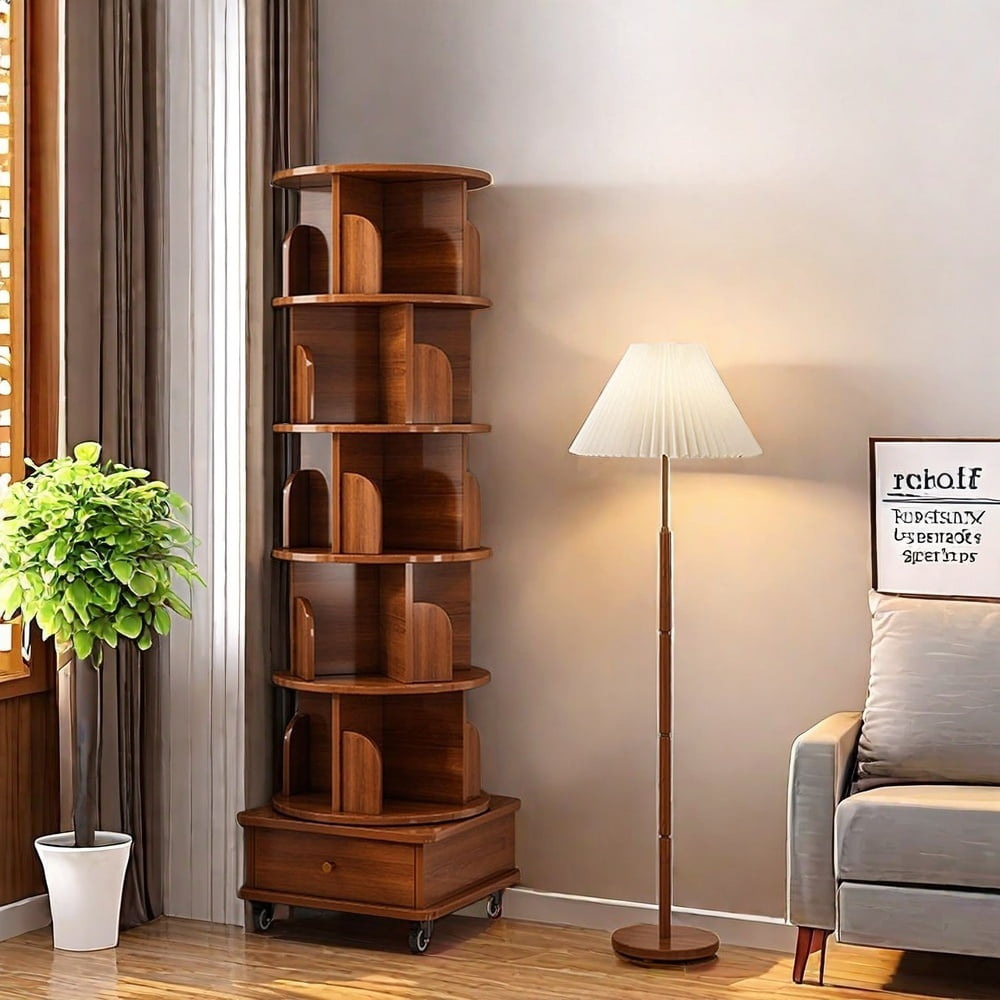 MIDOQIN Rotating Bookshelf, Wooden 6 Tier Corner Bookshelf, 360 Display ...
