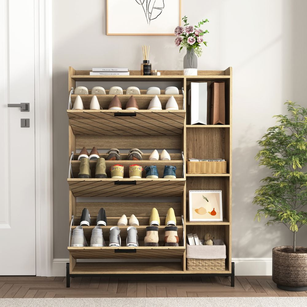 MIDOQIN Shoe Cabinet with 3 Flip Drawers, Wooden Slim Hidden Shoe ...