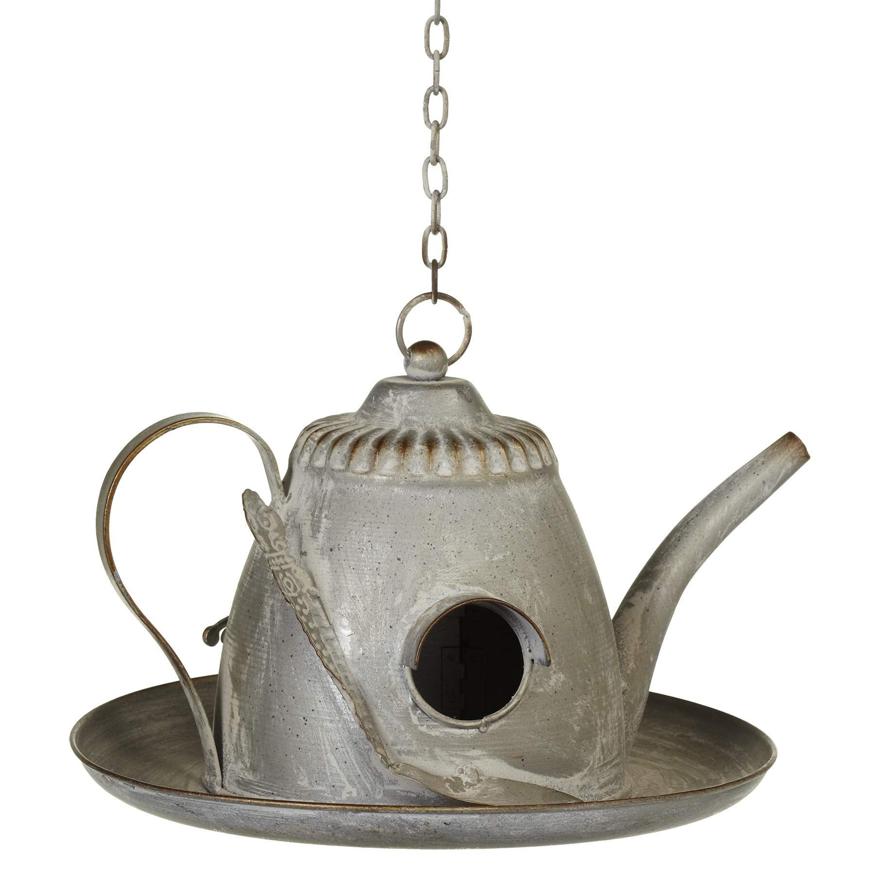 MIDWEST-CBK Silvertone Hanging Teapot with Spoon 6 inch Metal Birdhouse ...