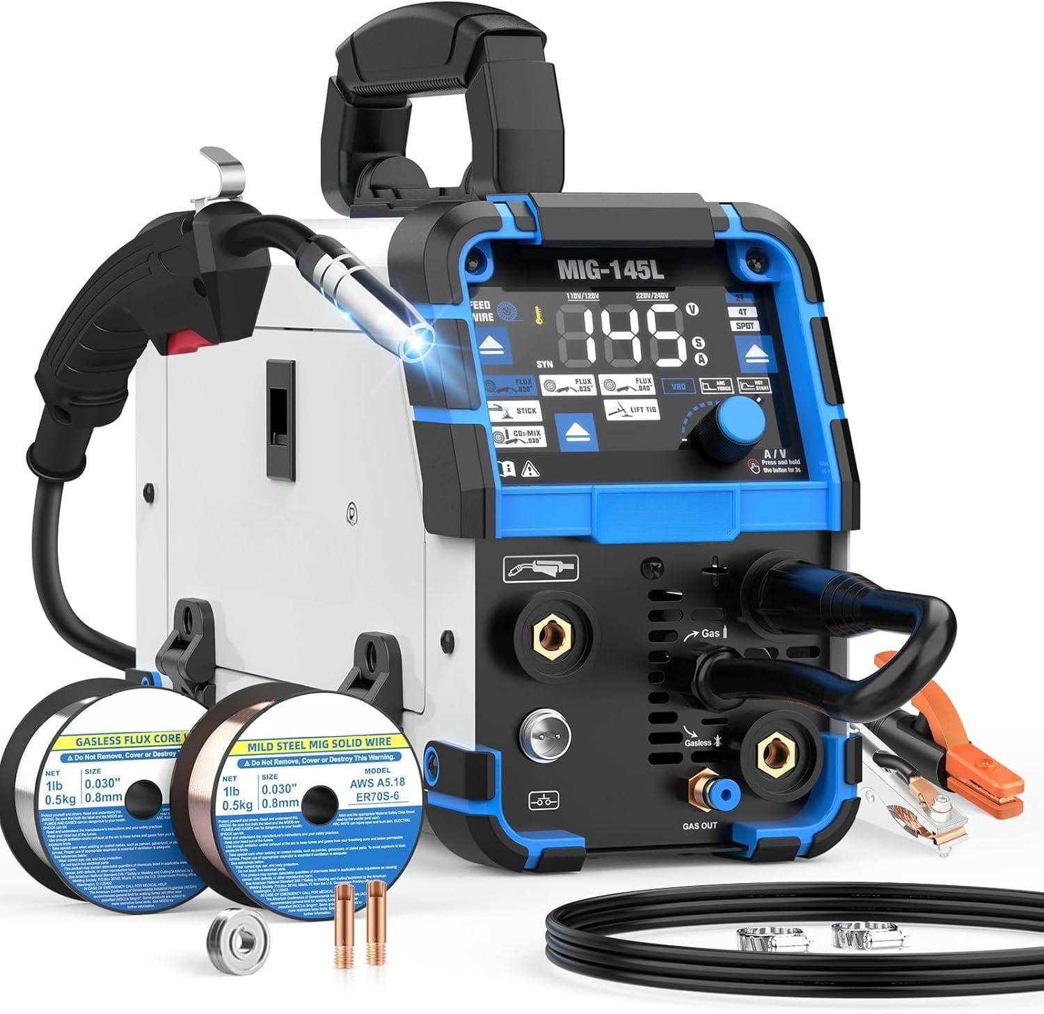 MIG Welder 145A, 110V/220V Dual 4 in 1 Gas/Gasless Flux Core MIG Welder ...