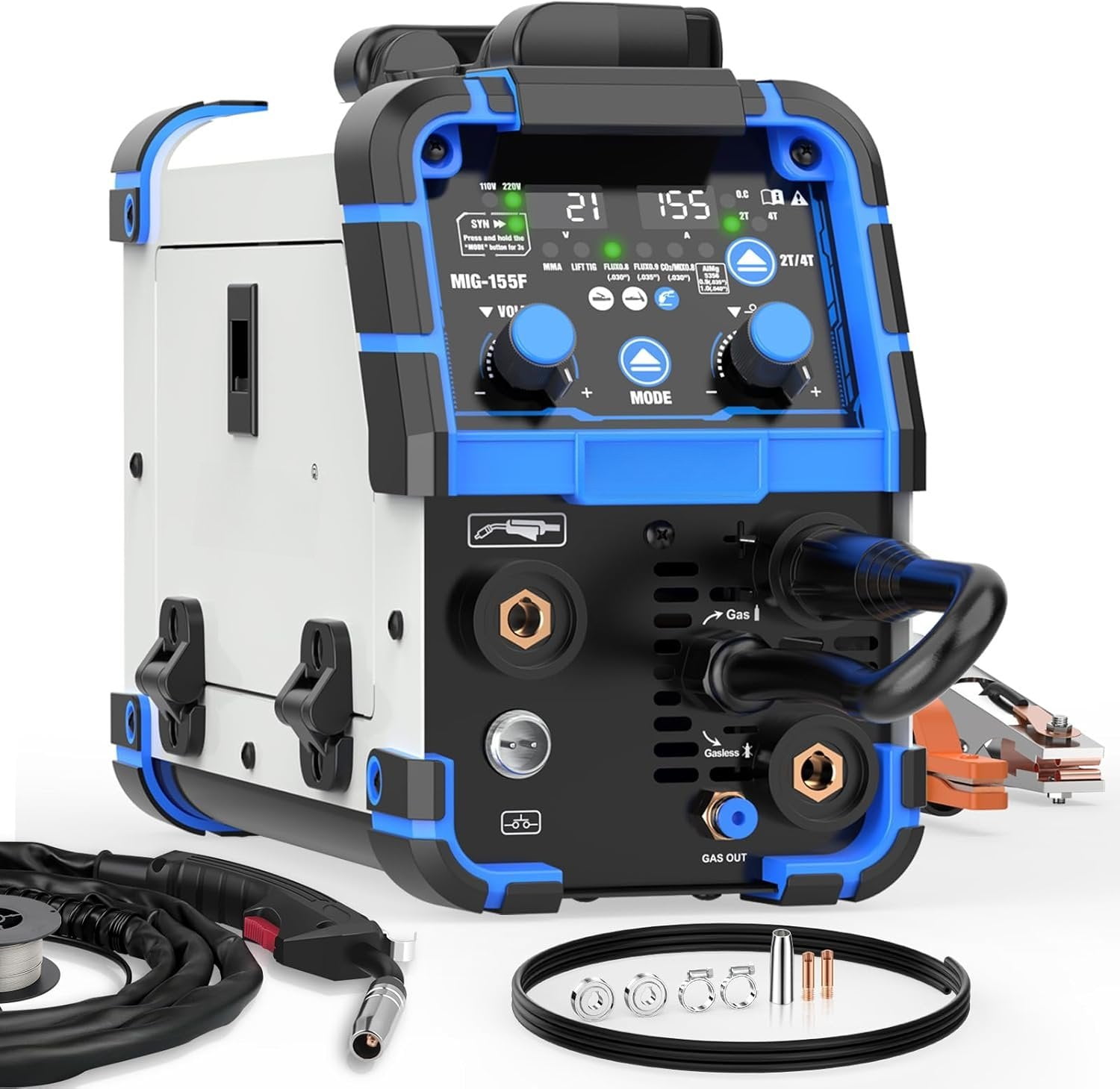 MIG Welder Machine 110V/220V, 155Amp 5-in-1 Gas MIG/ MIG/Gasless Flux ...