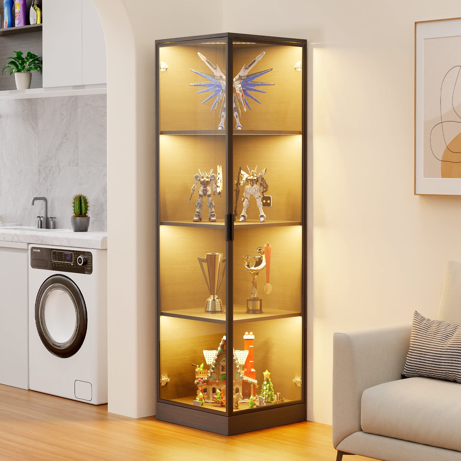 MIIFUNY 63" Tall Corner Display Cabinet with LED Lights, 4-Tier ...