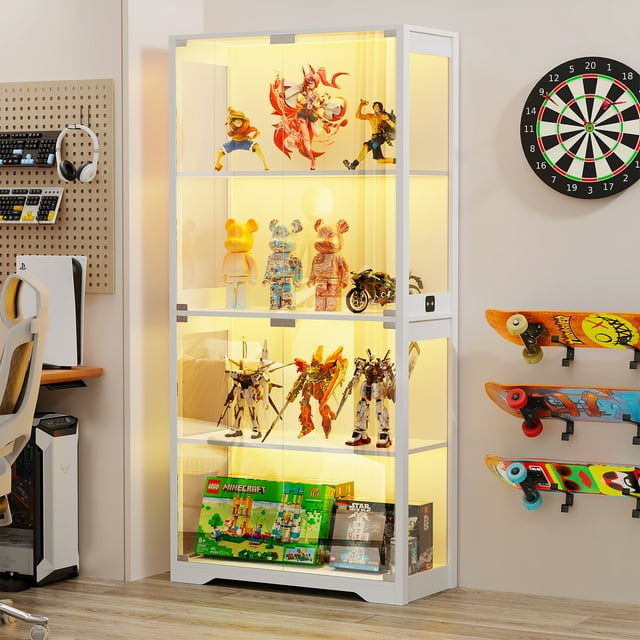 Miifuny 65 Glass Display Cabinet With Led Lights 4 Tier Curio Storage Cabinet White