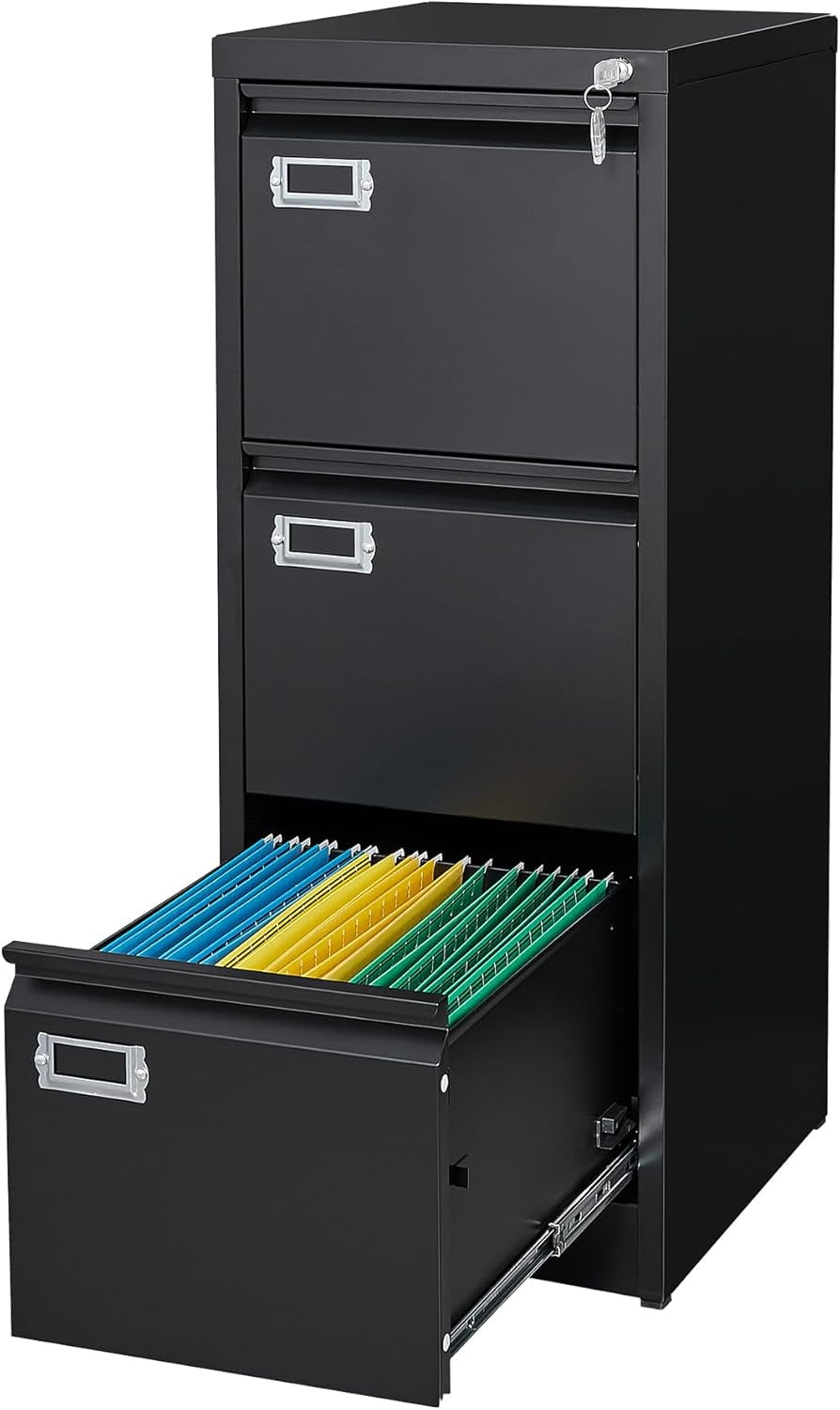 MIIIKO 3 Drawer File Cabinet, Black Metal Vertical Filing Cabinet with ...
