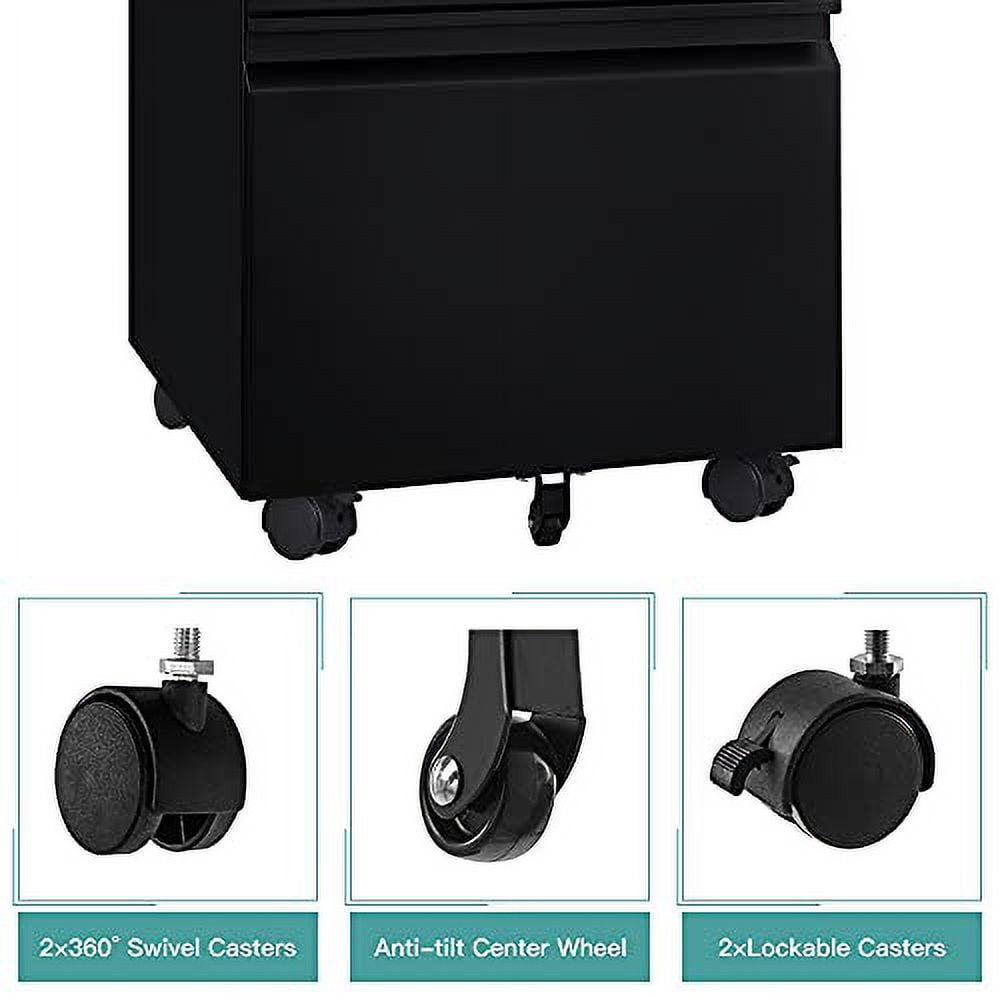 MIIIKO 3 Drawer File Cabinet, Metal Filing Cabinet with Lock Rolling ...