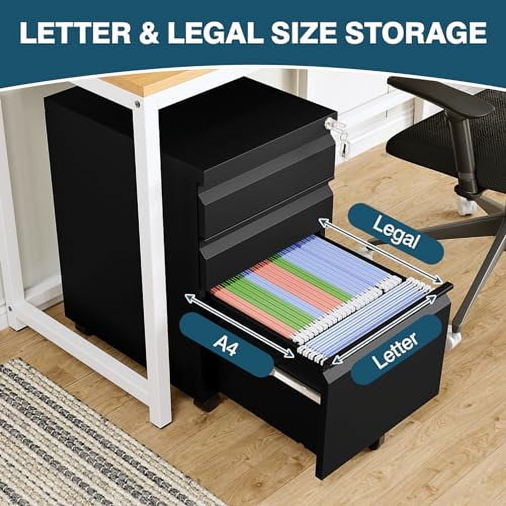 MIIIKO 3 Drawer File Cabinet on Wheels, Home Office Mobile File Cabinet ...