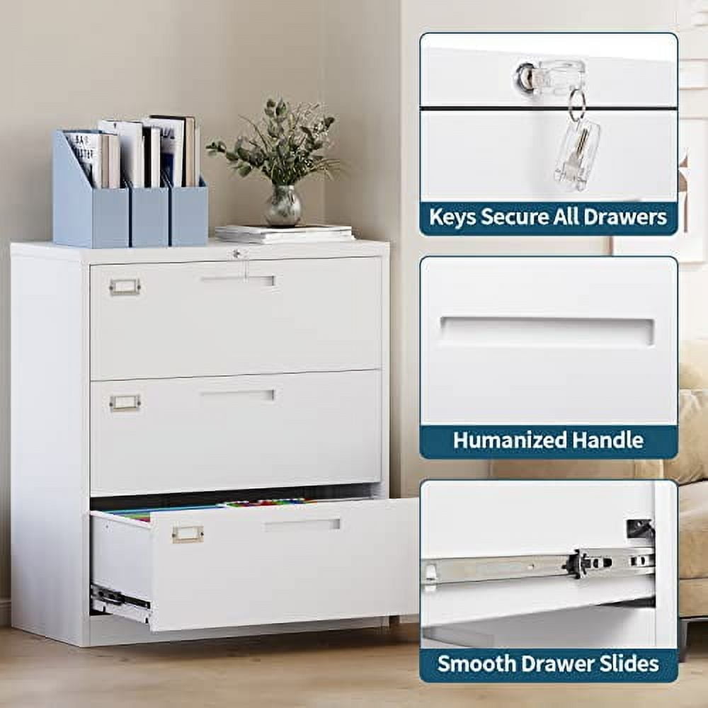 MIIIKO 3 Drawer Lateral File Cabinet with Lock, White Lateral Filing ...