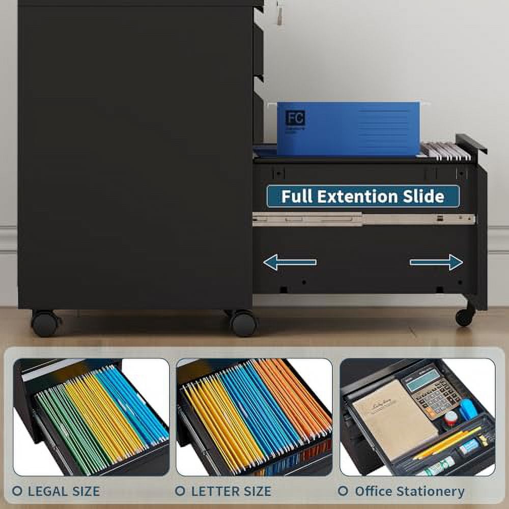 MIIIKO File Cabinet 3 Drawers on Wheels Under Desk, Black Metal Rolling ...