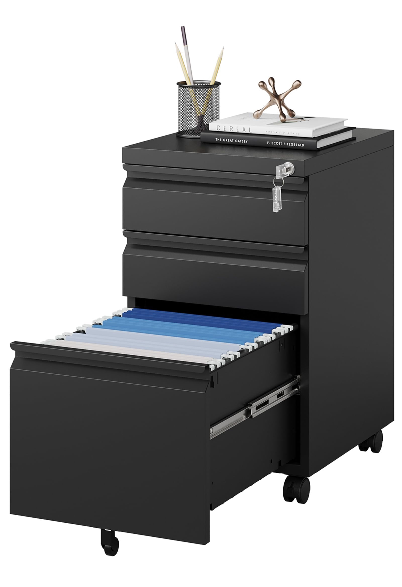 MIIIKO File Cabinet 3 Drawers on Wheels Under Desk, Black Metal Rolling ...