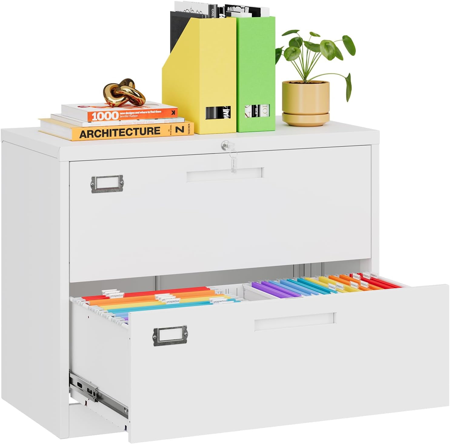 MIIIKO Lateral File Cabinet 2 Drawer with Lock, White Filing Cabinet ...