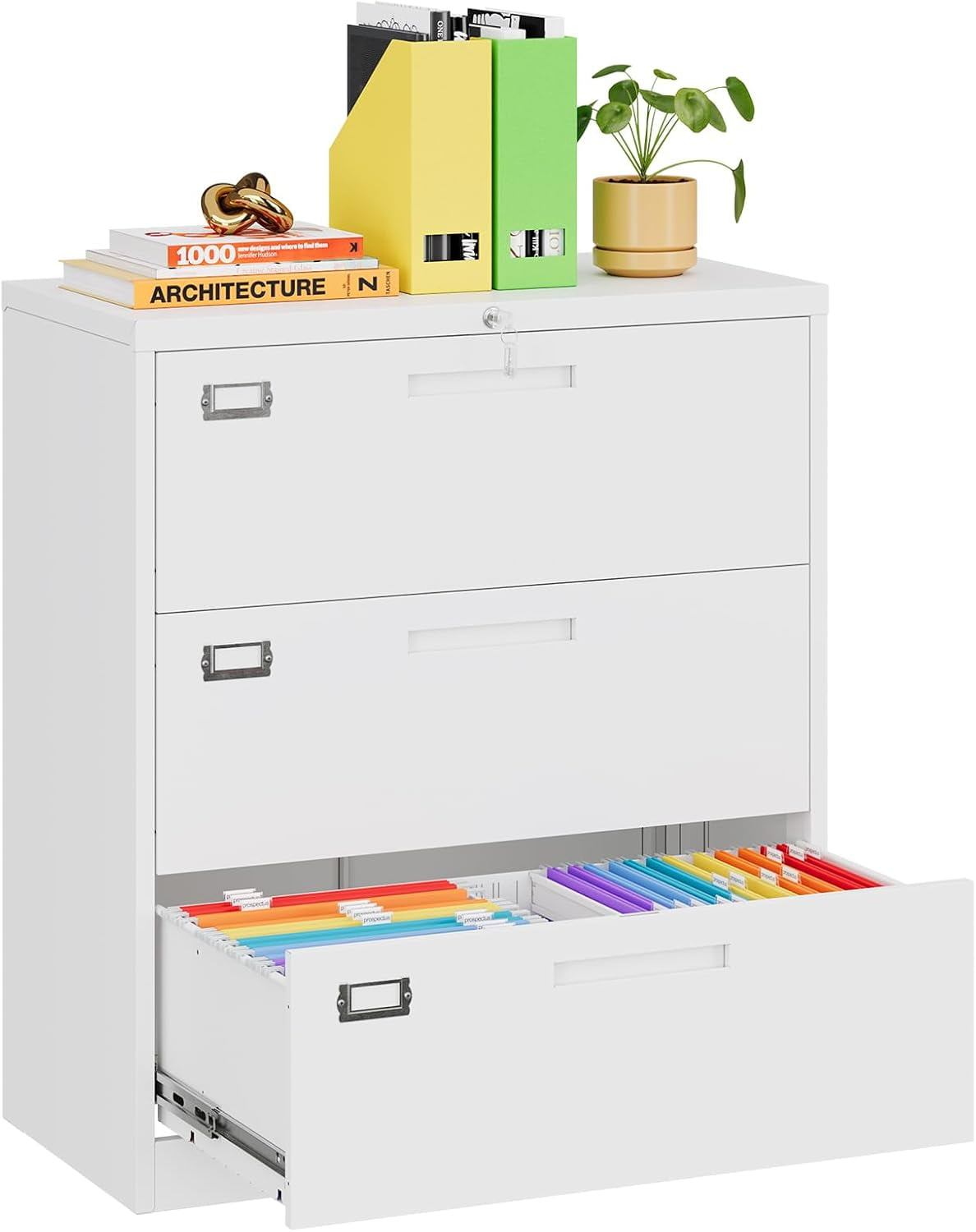 MIIIKO Lateral File Cabinet 3 Drawer, White Metal Filing Cabinet with ...