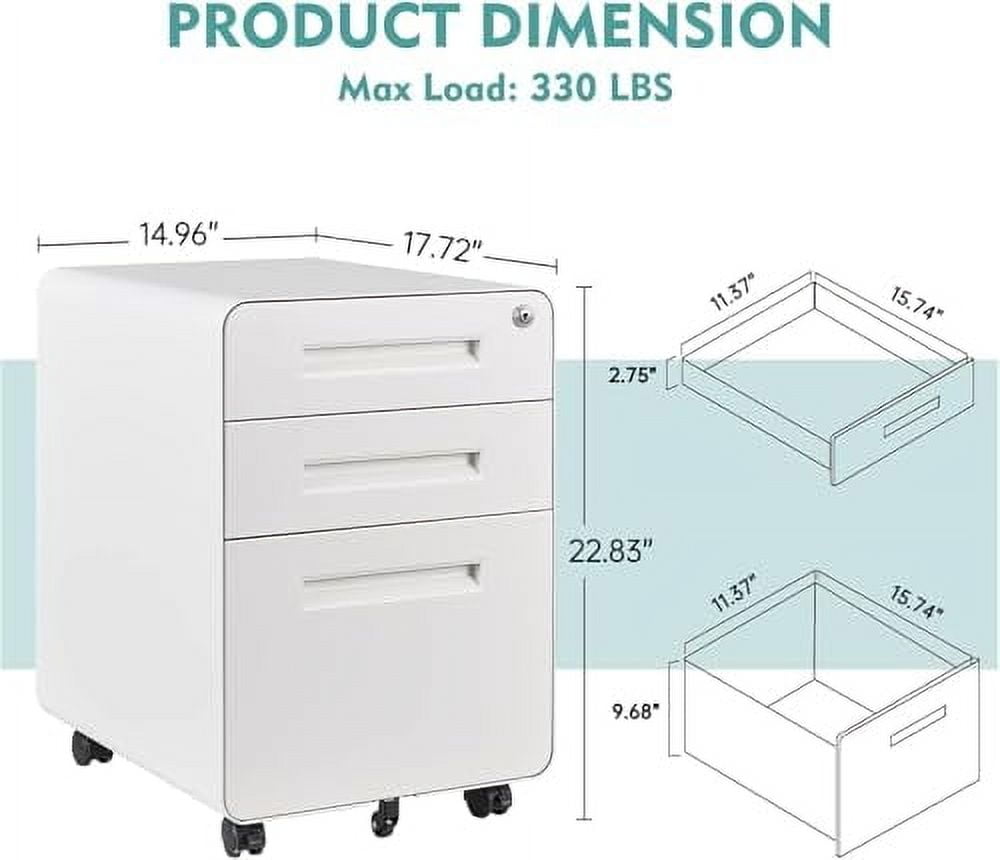 MIIIKO Mobile Filing Cabinet 3 Drawer, White Small File Cabinet with ...
