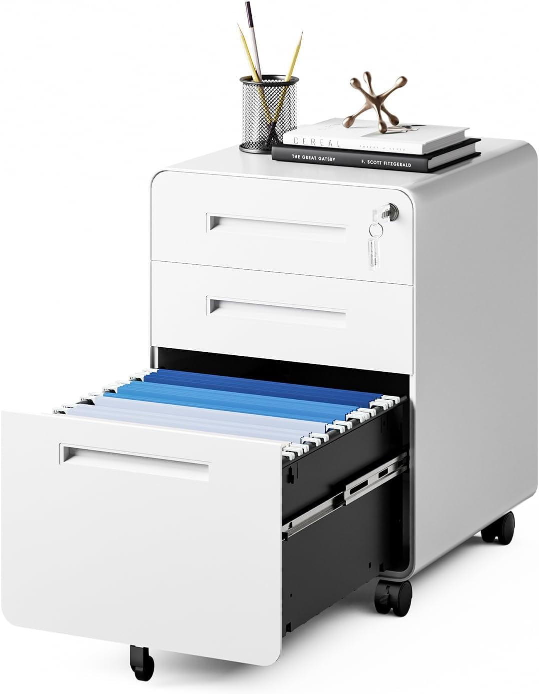 MIIIKO Mobile Filing Cabinet 3 Drawer, White Small File Cabinet with ...