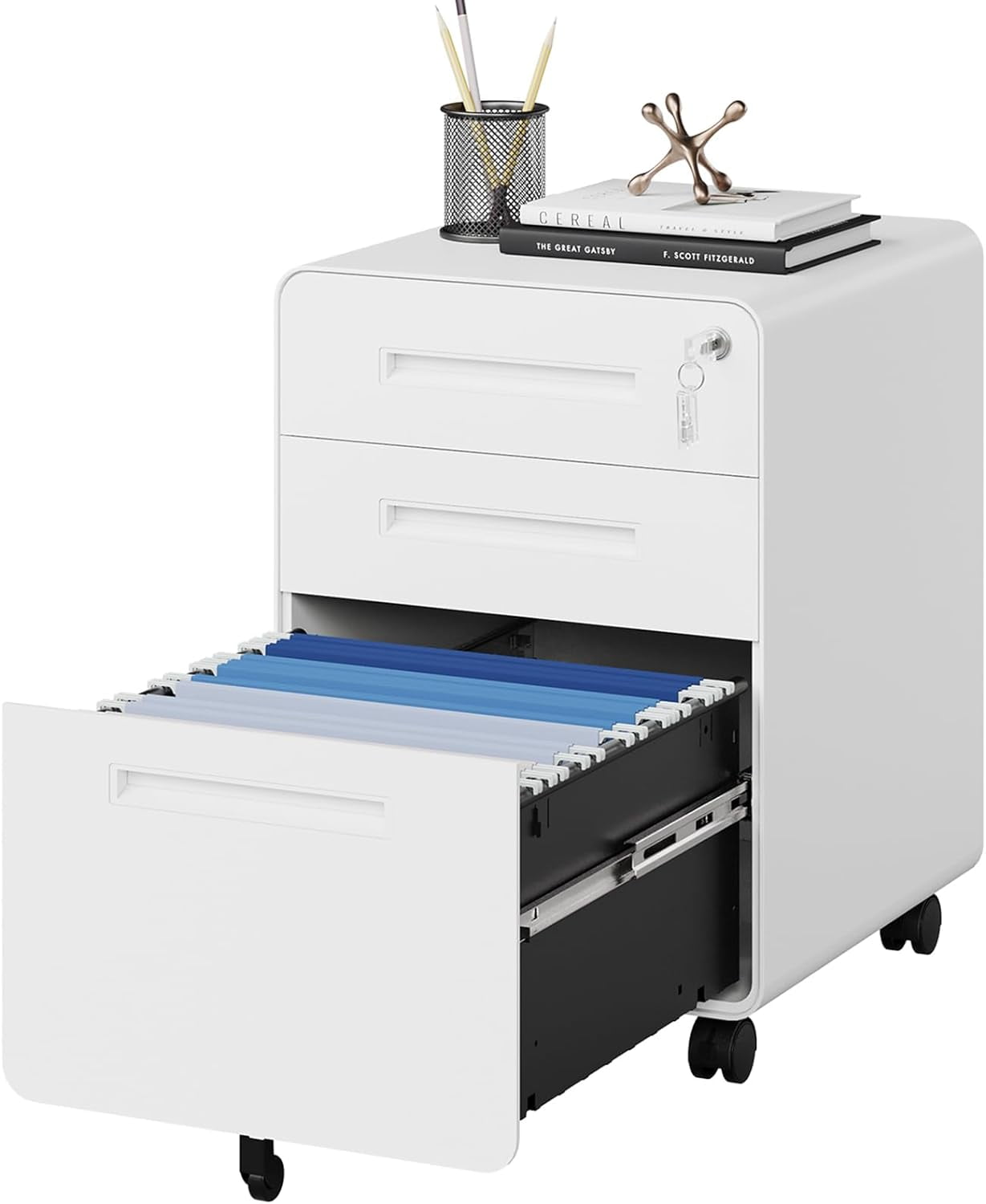 MIIIKO Mobile Filing Cabinet With 3 Drawers, White Small File Cabinet ...