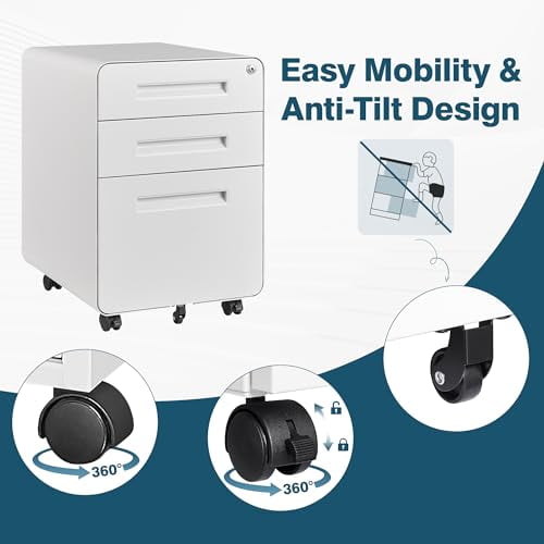 MIIIKO Mobile Filing Cabinet With 3 Drawers, White Small File Cabinet ...