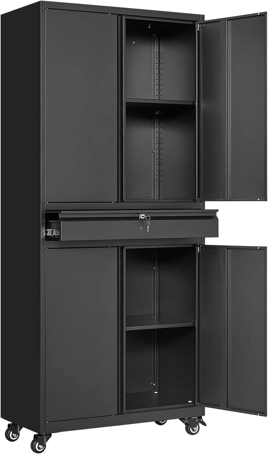 MIIIKO Storage Cabinet with Wheels, Metal Garage Cabinet with Drawer ...