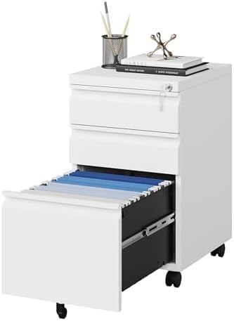 White Filing Cabinet 3 Drawers on Wheels Under Desk, Metal Rolling File ...