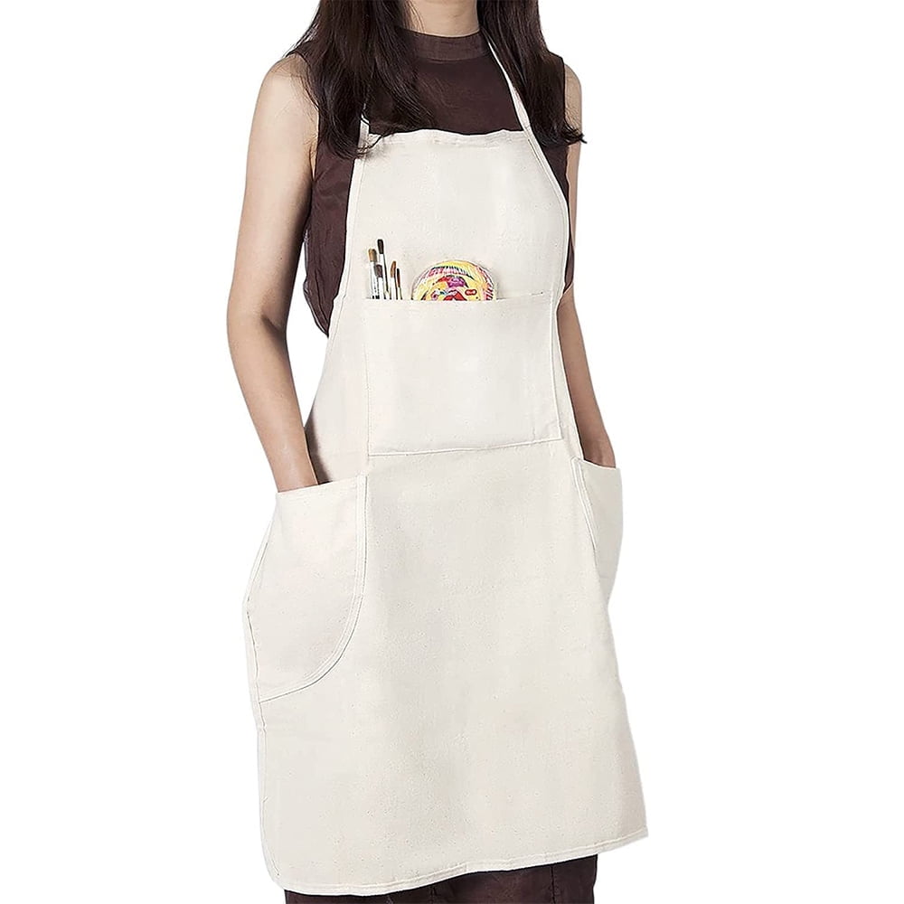 MIKI WELL Beige Cotton Painting Apron Three Pockets Art Students Work ...