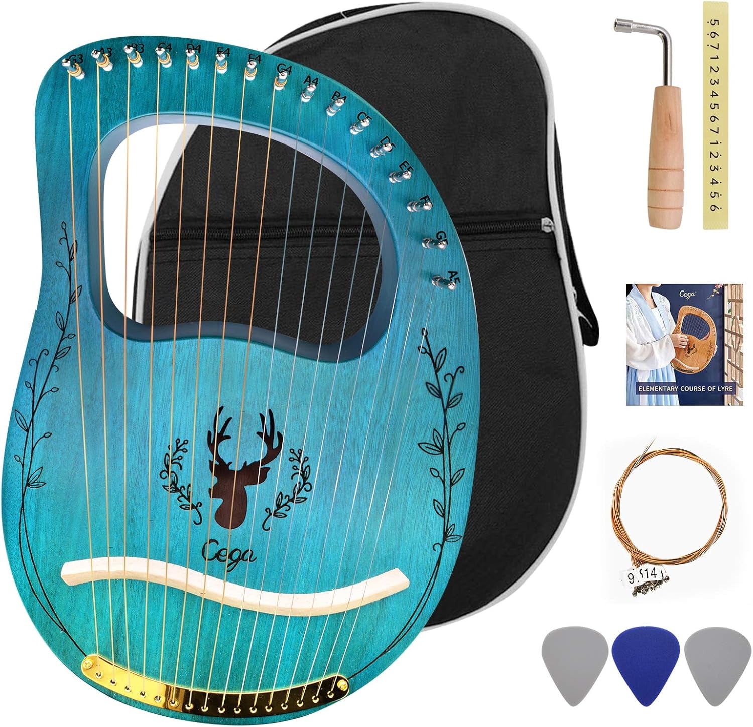 MIMIDI Lyre Harp 16 Strings: Solid Mahogany Wooden Body Metal Strings ...