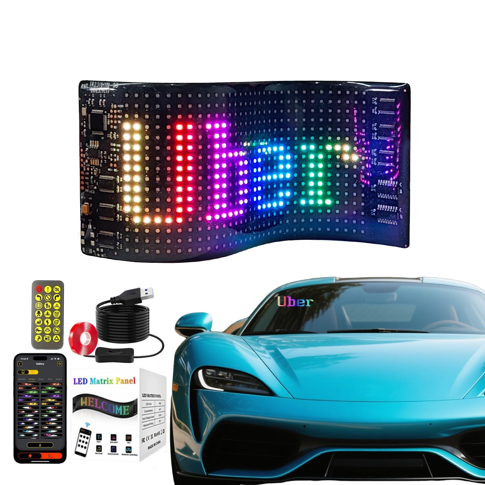 MIMIRGB Car LED Sign DHF10 DIY Programmable Scrolling LED Display 7"x3" USB 5V Matrix Panel ...