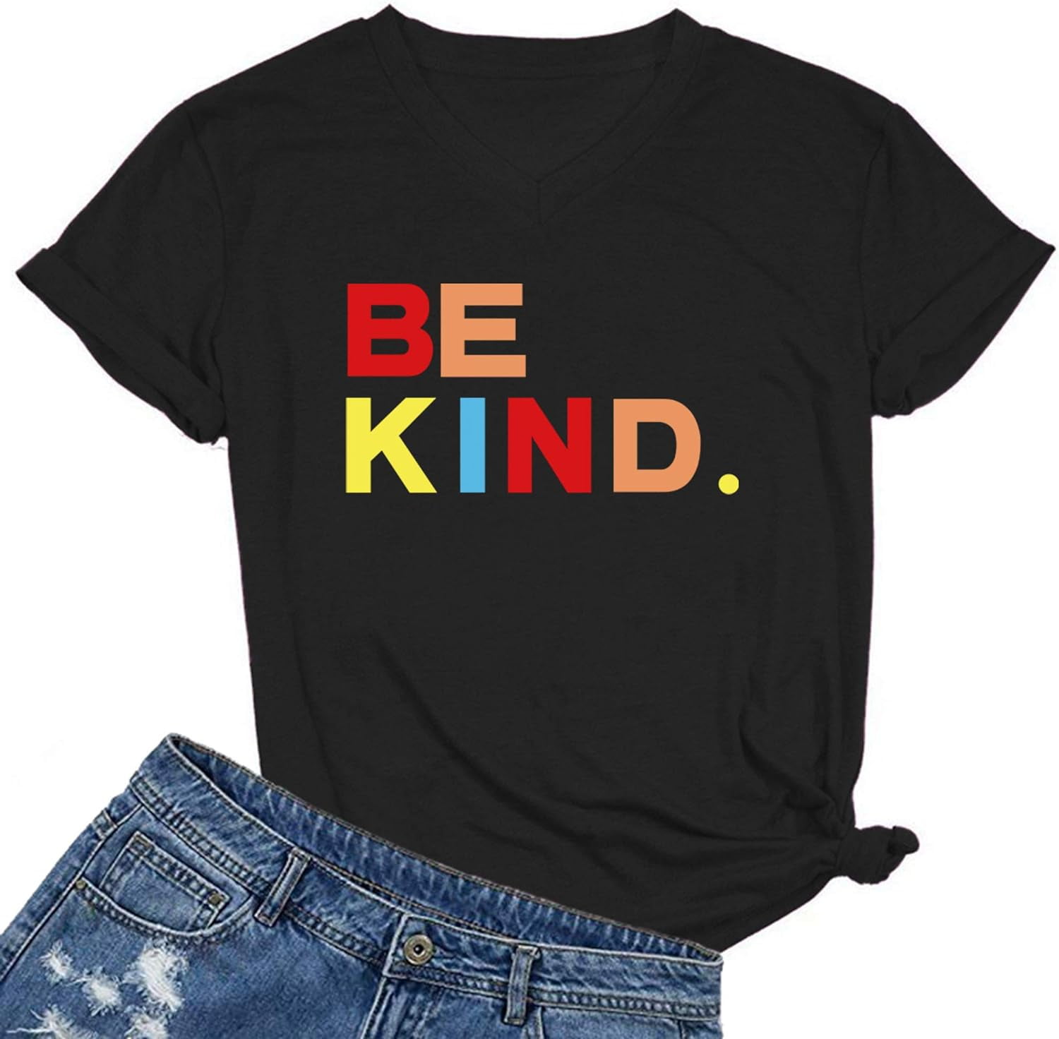 MIMOORN Women V Neck Be Kind T Shirts Cute Letter Print Funny ...