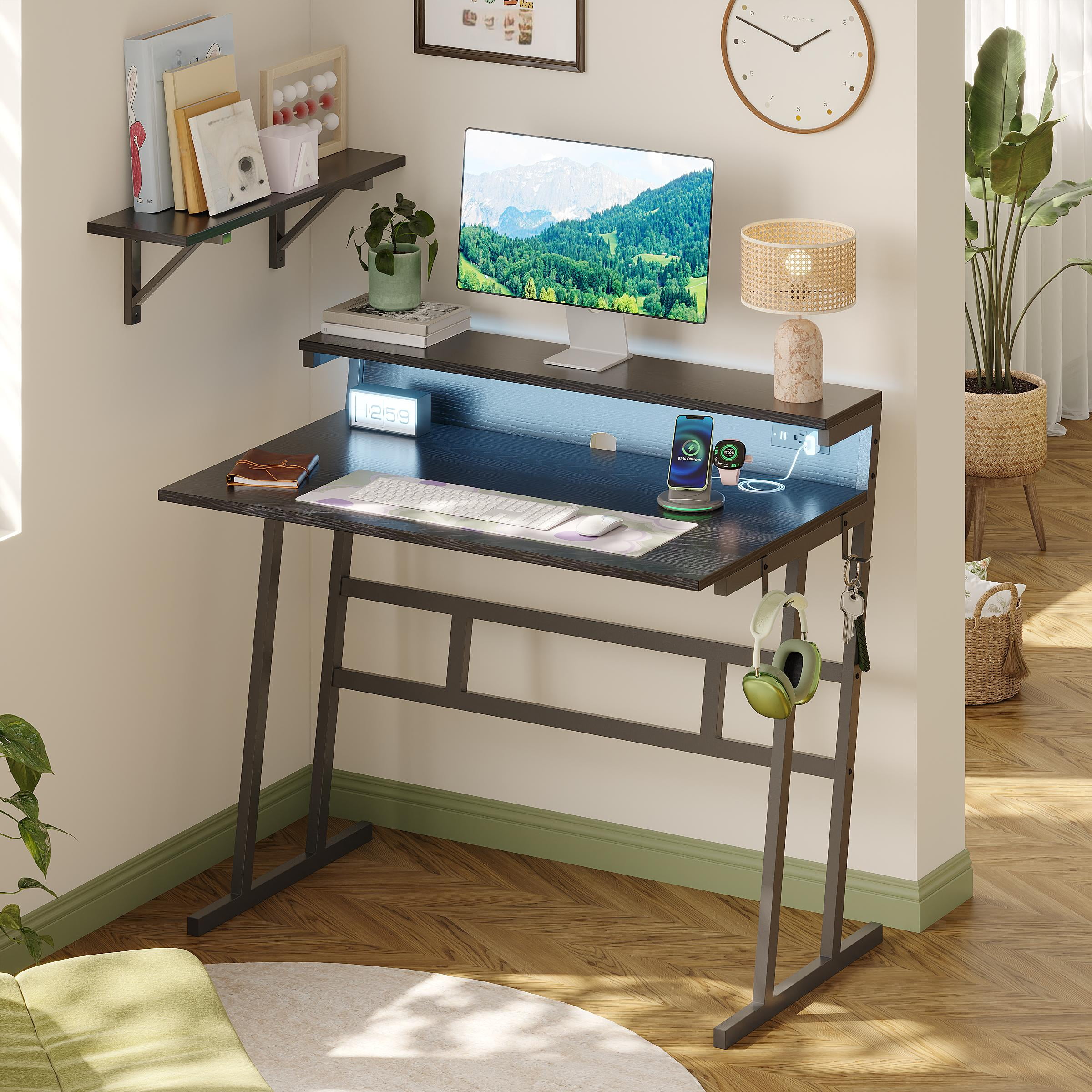 MIN EN WIN 39 Inch Gaming Desk with Led Lights & Power Outlet, Small ...