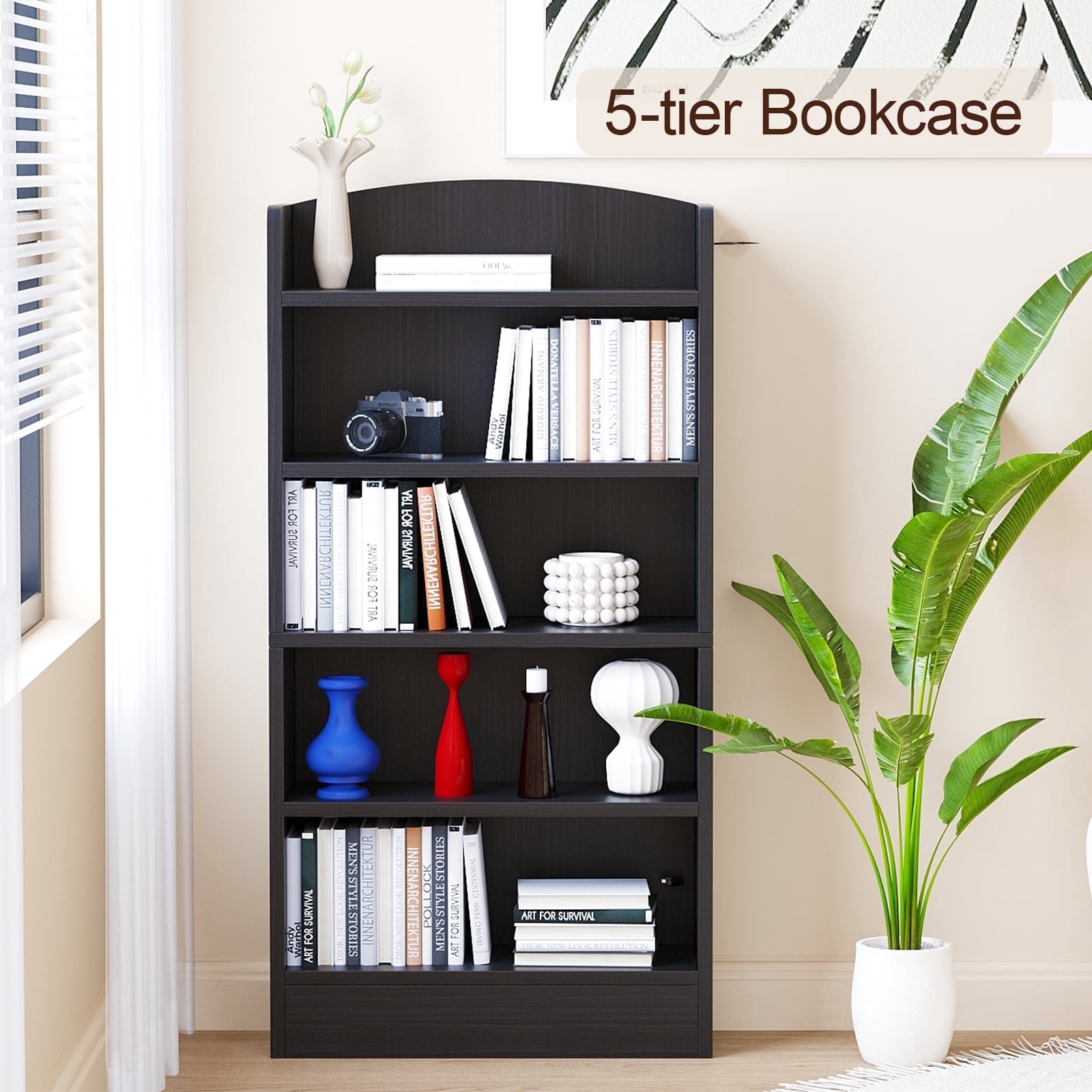 MIN EN WIN 5-Shelf Multi-Functional Modern Wood Bookcase with Curved ...