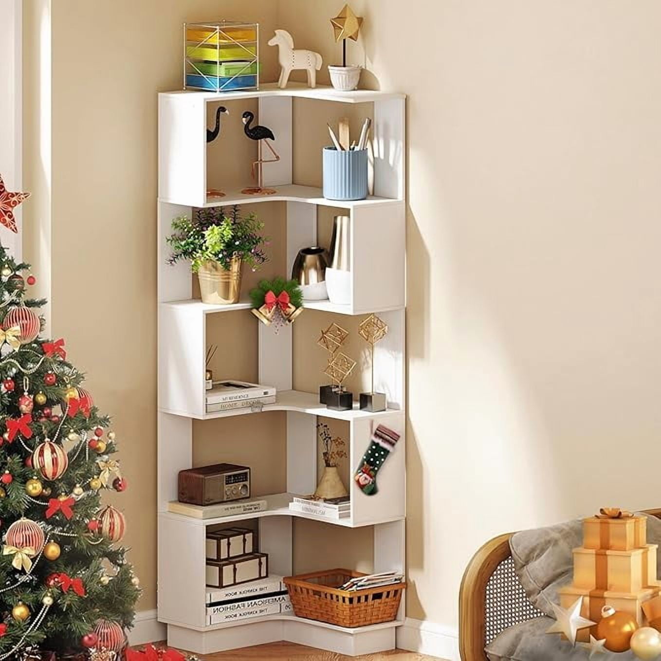 MIN EN WIN Corner Bookshelf, 4 Tiers Wooden Corner Bookcase Bookshelf ...