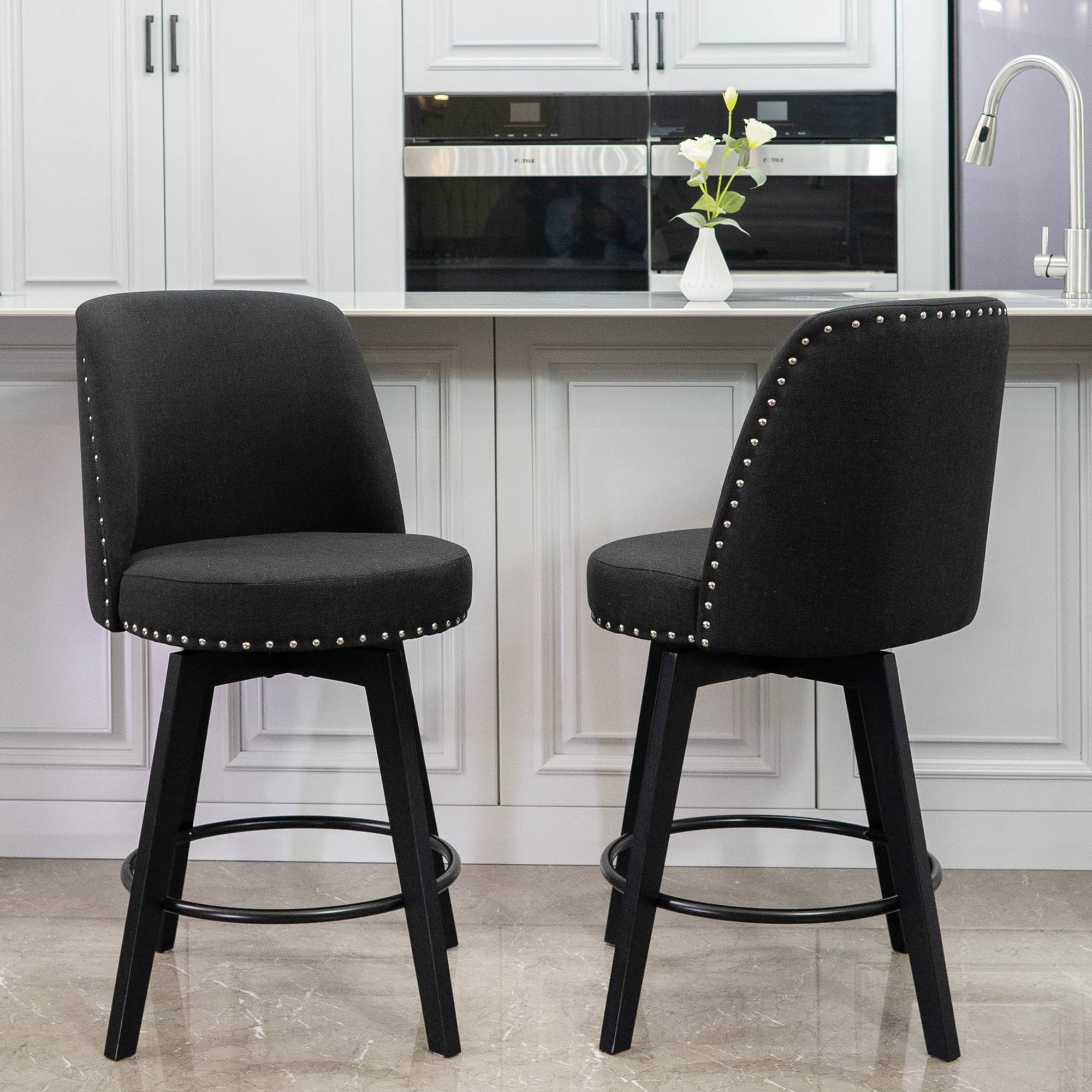 "MINCETA 26"" High Back Bar Stools, 360 Free Swivel, Upholstered Nail ...