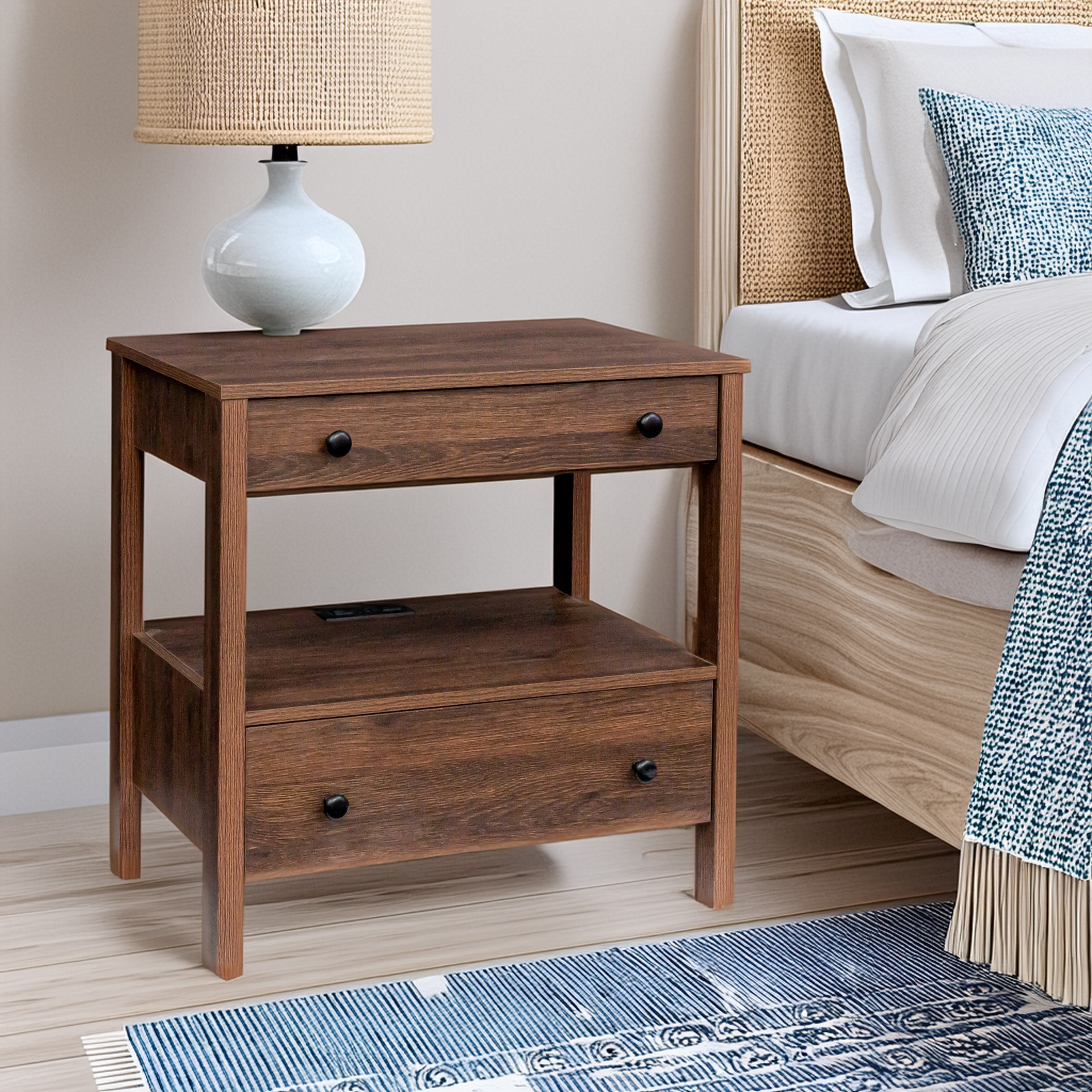 MINCETA Nightstand with Charging Station, Modern 2 Drawer Wooden ...