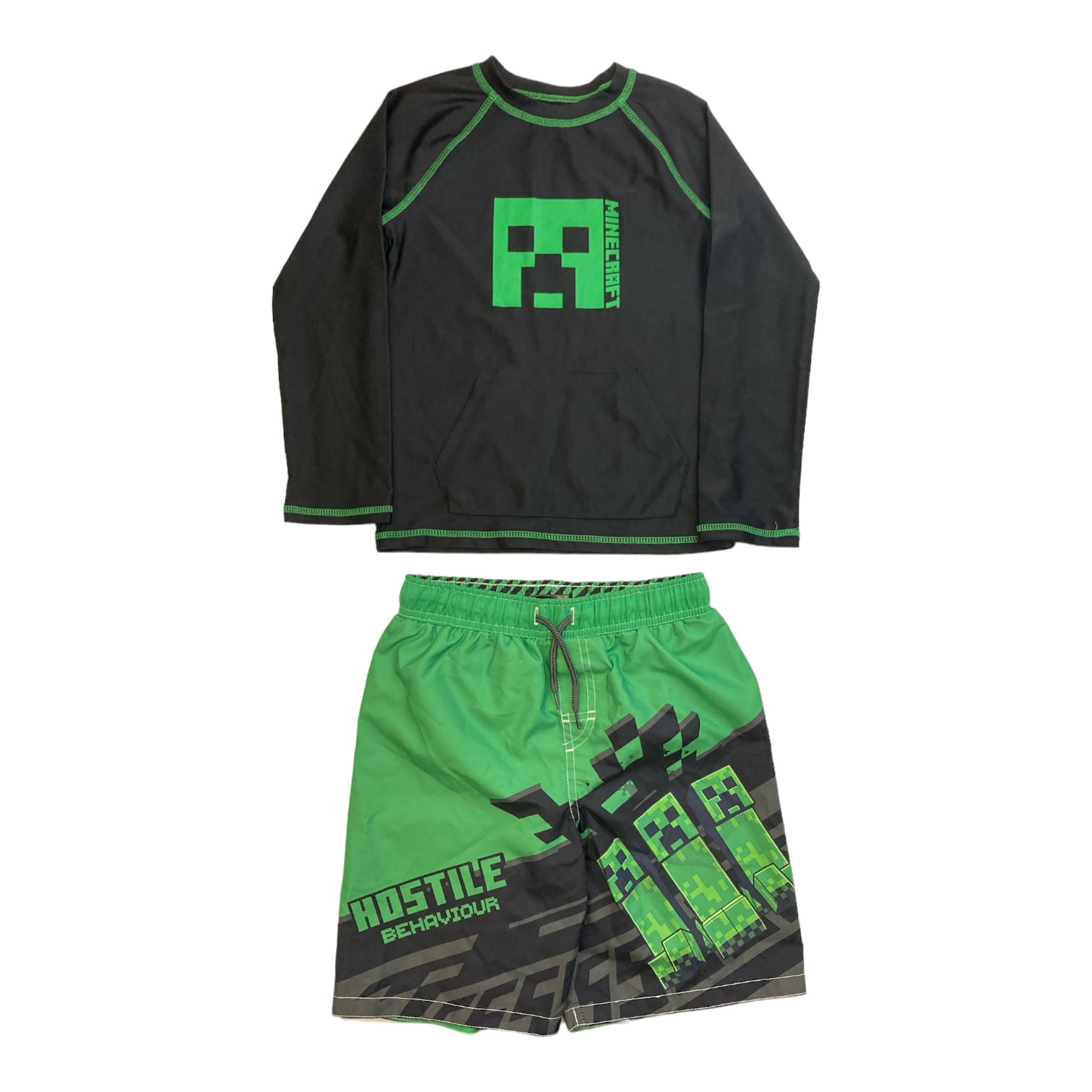 MINECRAFT Boys Swimwear Bottoms and Rash Guard Shirt Creeper Two Piece ...