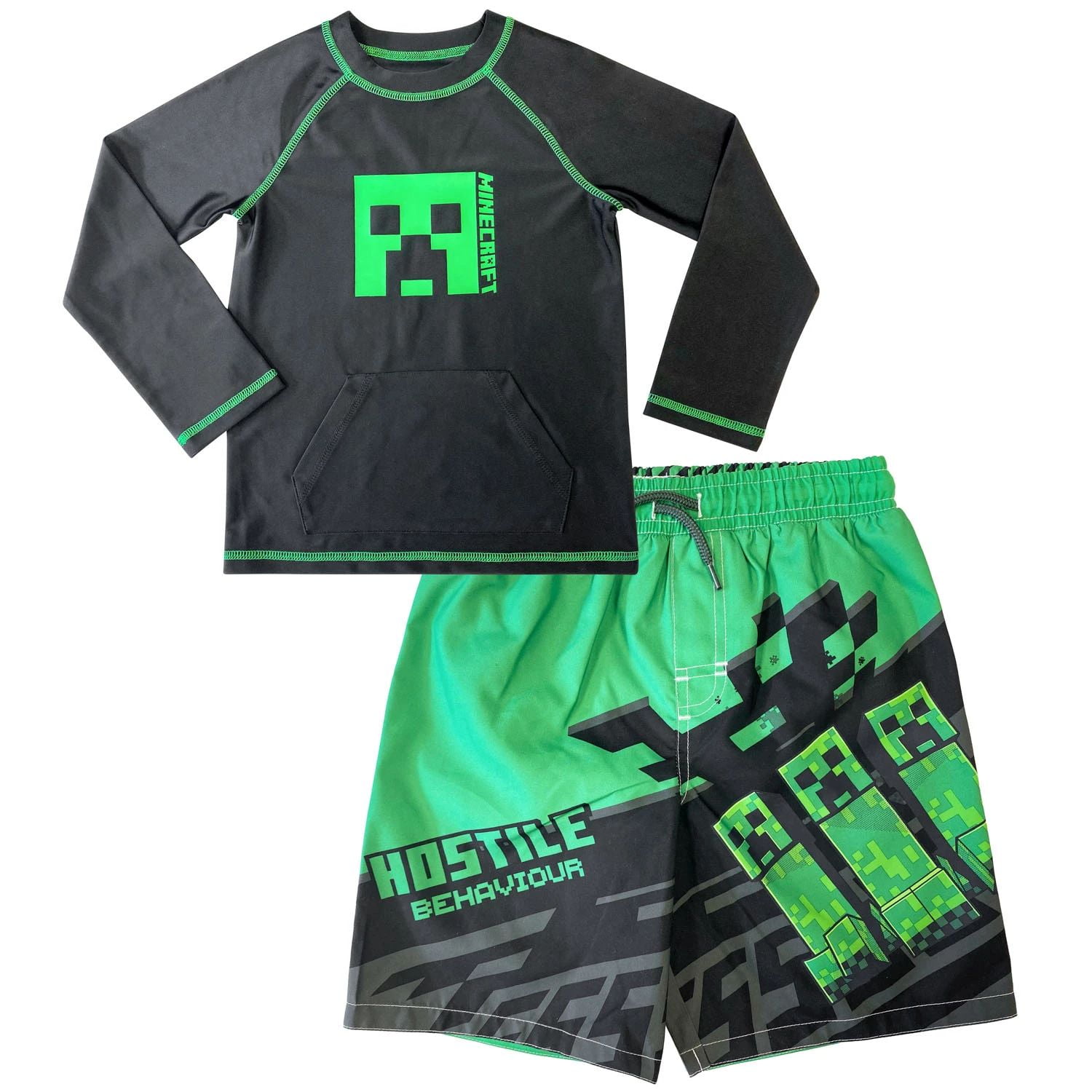 MINECRAFT Boys Swimwear Bottoms and Rash Guard Shirt Creeper Two Piece ...