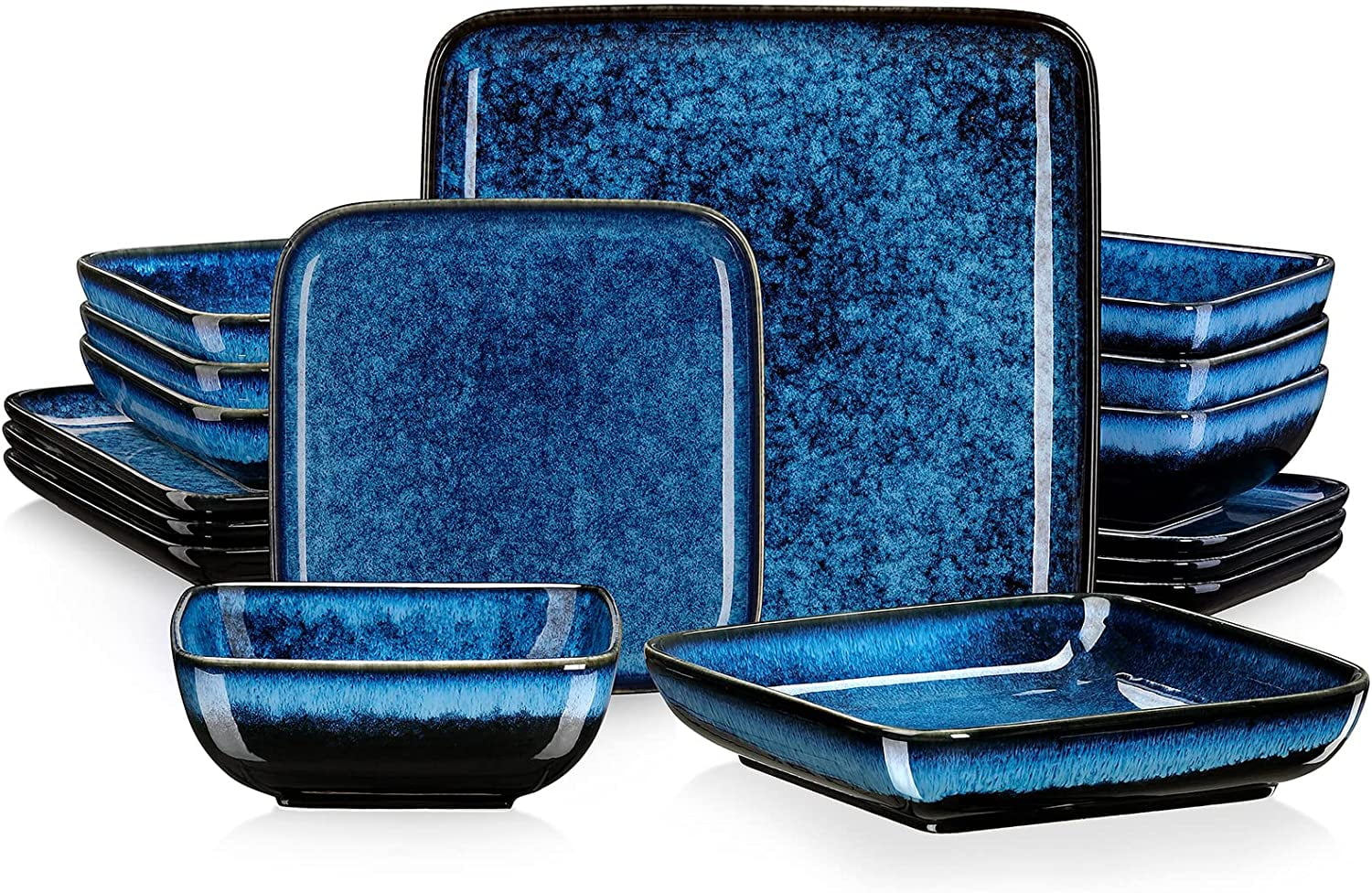 MINGFENG Stern Blue Dinner Set Square Reactive Glaze Tableware 16 ...