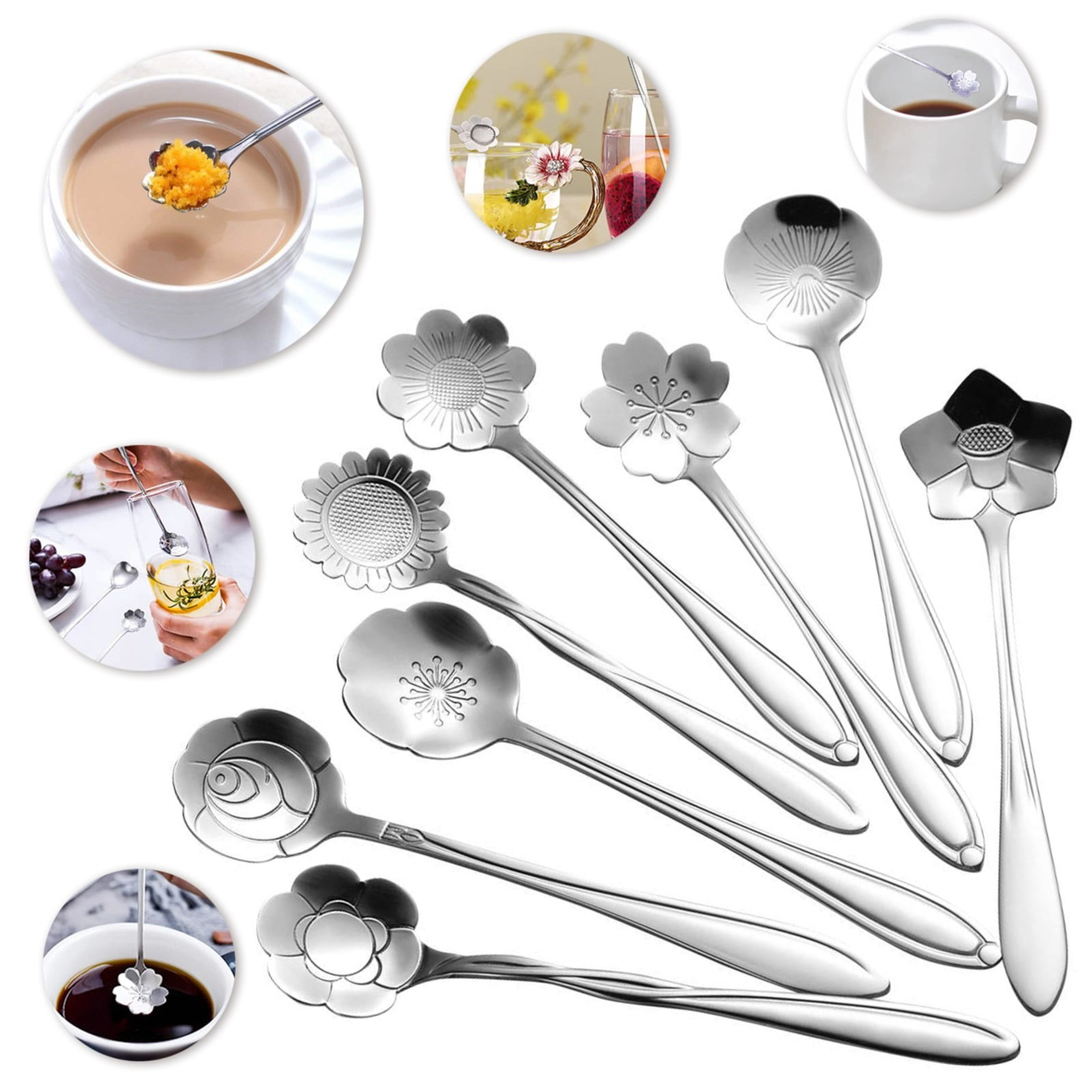 MINGFENGS Cooking Utensils Flower Spoon Set 8pcs Stainless Teaspoon ...