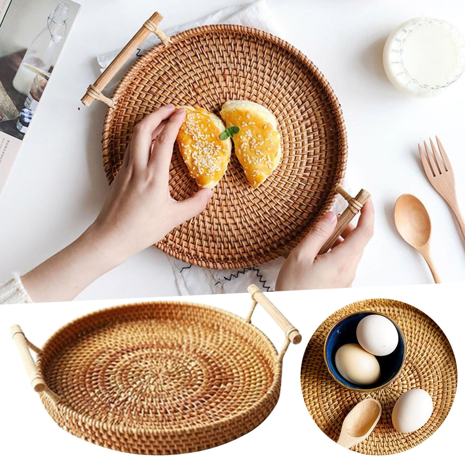 MINGFENGS Food Storage Rattan Round Serving Tray Hand Woven Rattan Tray ...