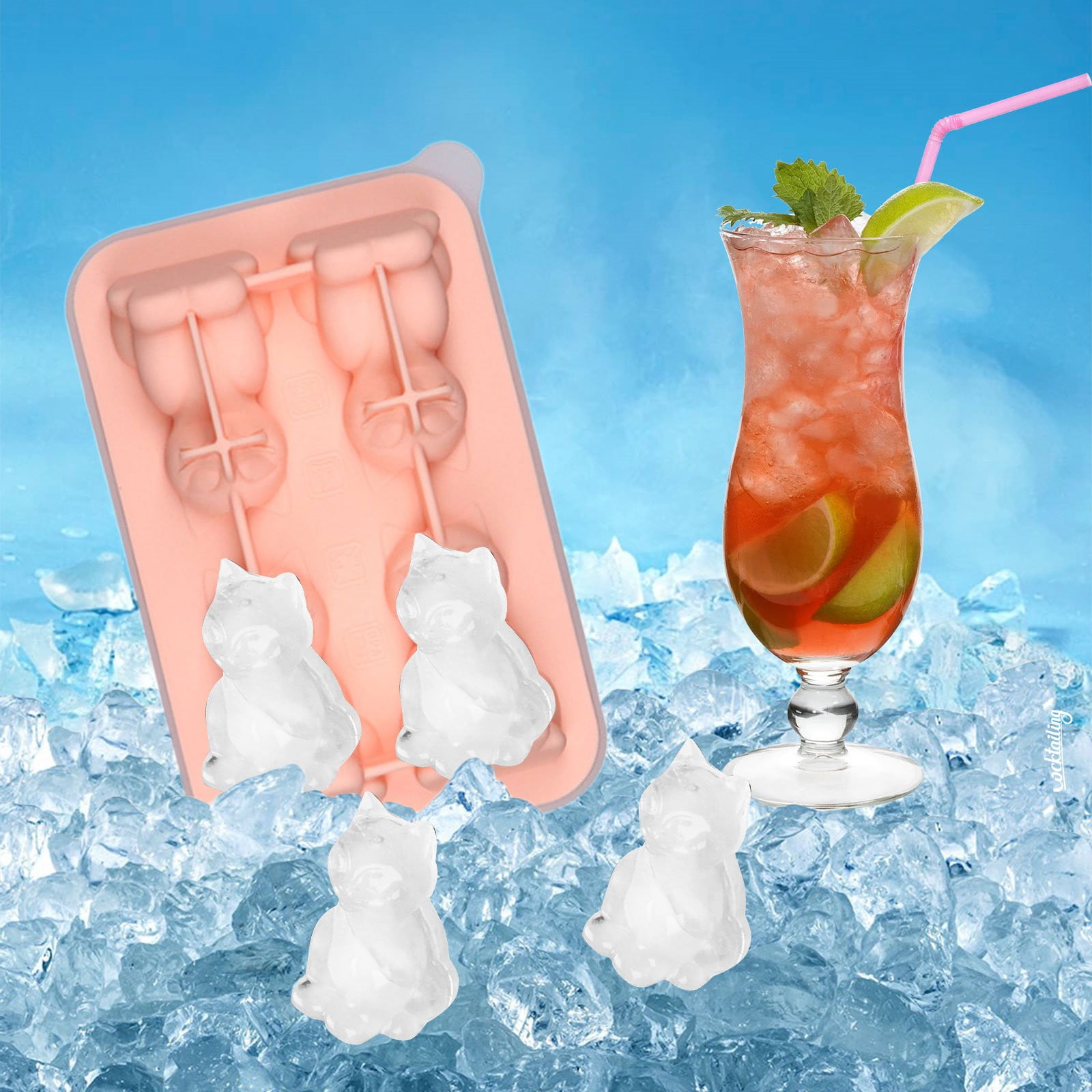 MINGFENGS Ice Cube Mold 3d Cat Shaped Silicone Ice Cube Tray With Lid 4 ...