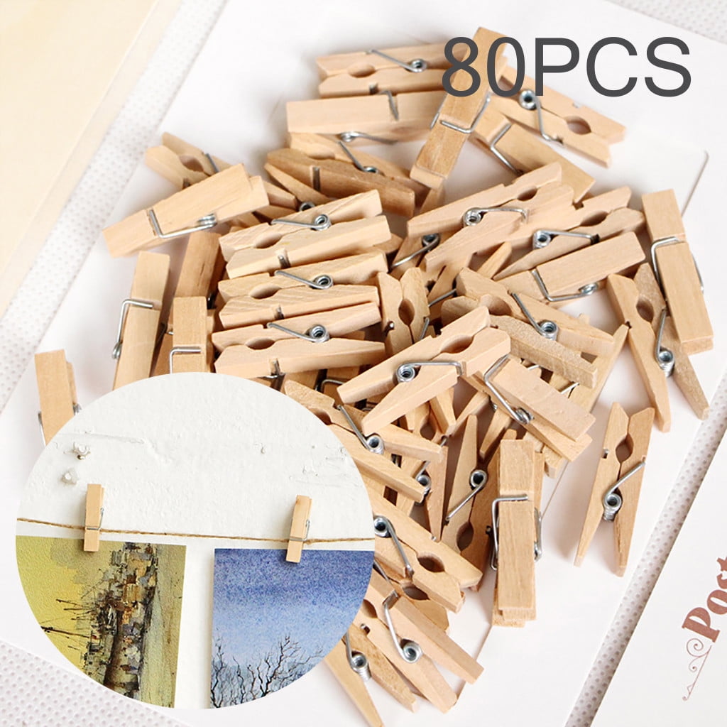 MINGFENGS Natural Wooden Clips - 80pc Mini Photo Clips Set for Bulletin ...