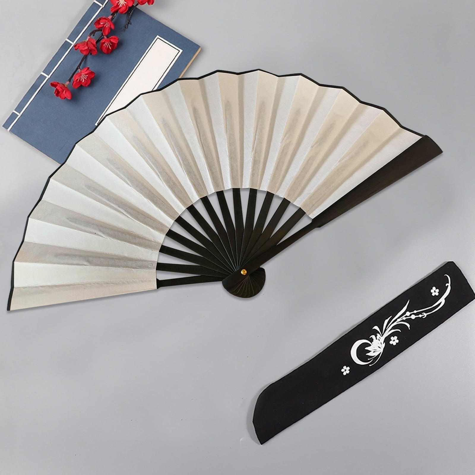 MINGFENGS Premium Traditional Black Bone Folding Fan - Blank Fabric Fan ...