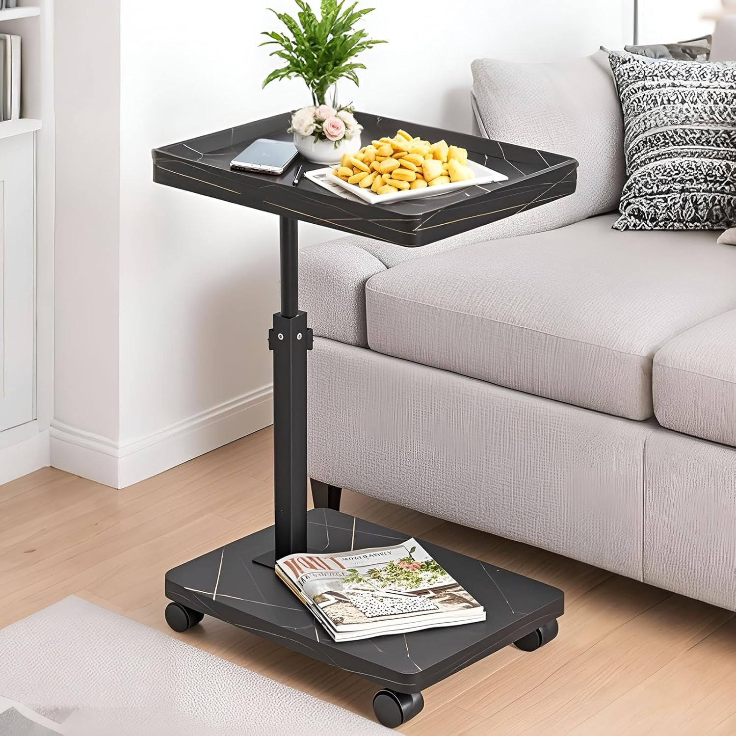 MINGYI C Shaped End Table with groove, Vintage Side Couch Table for ...