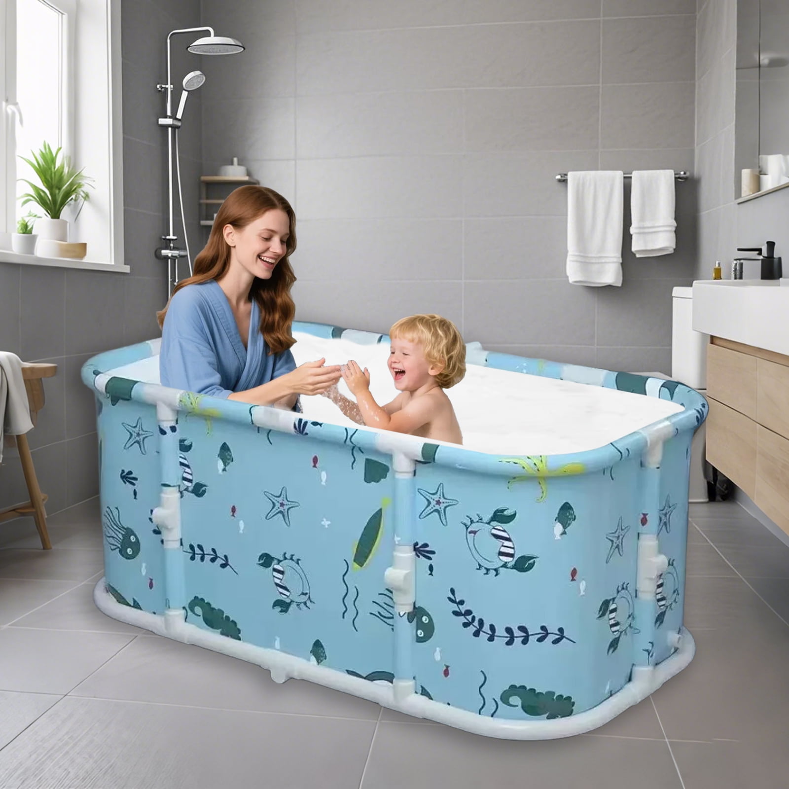 MINGYI Portable Large Folding Bathtub for Adults and Kids, Light Blue Fish Pattern (47x20x23 ...