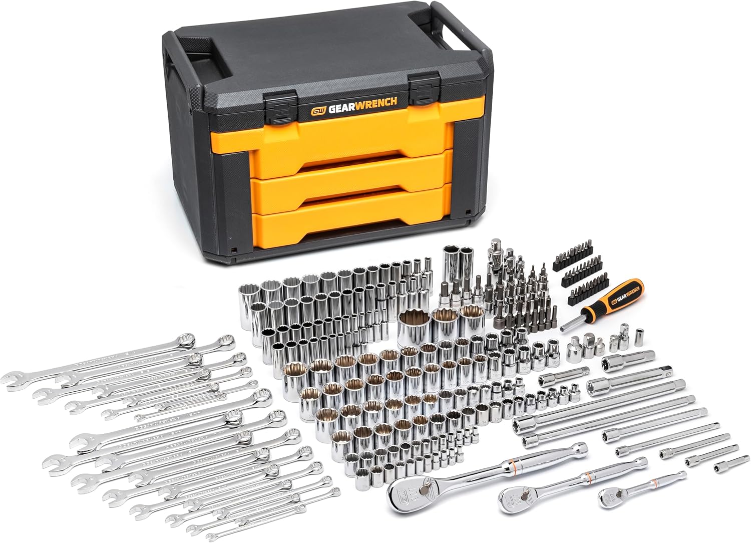 MINGZHI 243 Pc. 12 Pt. Mechanics Tool Set in 3 Drawer Storage Box ...