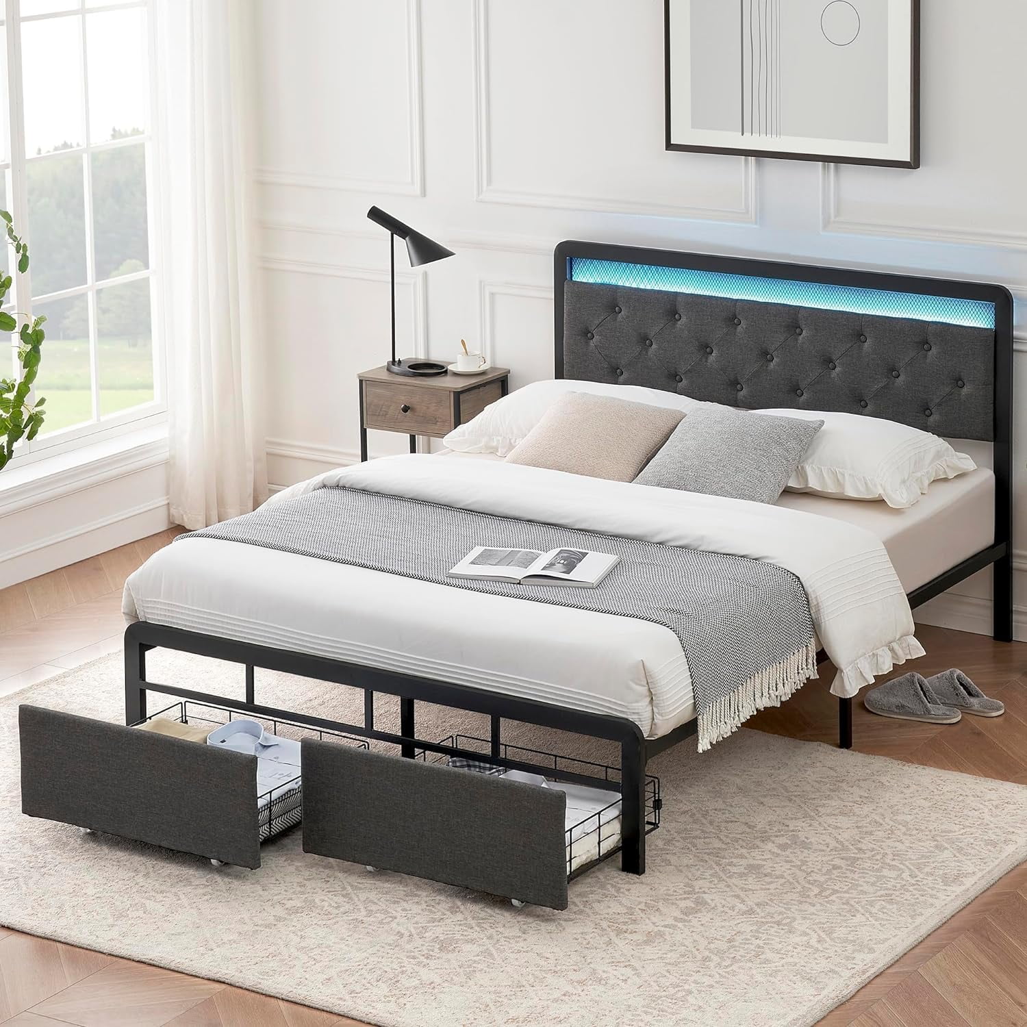 MINGZHI Full Size Bed Frame with Drawers, Upholstered Platform Full Bed ...